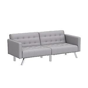 75"Convertible Folding Futon Sofa Bed,Split Back Design,Modern Fabric Sleeper Couch Bed with Armrest and Chrome Legs,Upholstered Recliner Loveseat for Living Room Apartment Dorms Office (Light Grey)