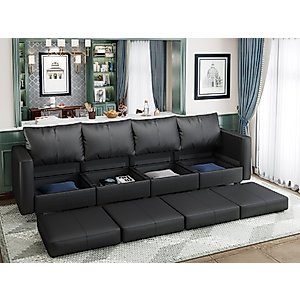 EASE MOOSE Modular Sectional Couch with Storage Seats, 4 Seat Faux Leather Convertible Modular Sofa Sectional Sofa Couch with Reversible Chaises for Small Spaces