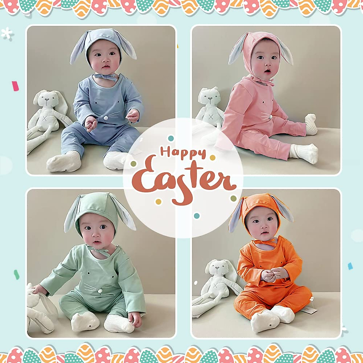 XIFAMNIY Easter Outfits Baby Girls Boys Bunny Romper Bodysuit Jumpsuit Infant Newborn with Rabbit Hat