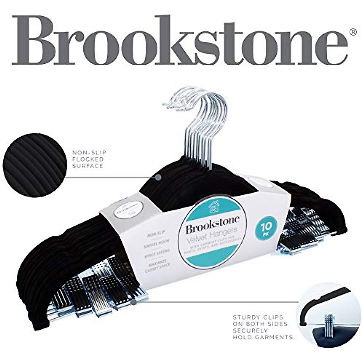 Brookstone BKH1293, 10 Pack Non-Slip Velvet Hangers with Clips, 360° Swivel Hook, Lightweight & Slim, Strong & Durable, Space Saving Design, Heavy Duty, Won’t Stain Fabric, Black, 10 Count