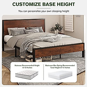 IMUsee Full Size Bed Frame with Wood Headboard and Footboard Platform, Heavy Duty Metal Frame with 12" Under Bed Storage, No Box Spring Needed, Noise Free, Brown