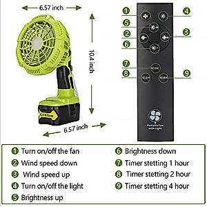 WaxPar For Ryobi Fan Cordless Battery Fan, for Ryobi 18V Fan Battery Operated Fan for Camping with LED Light Compatible with Ryobi 18V one+ Li-Ion Battery, Remote, 3 Wind/Brightness Modes, Timer
