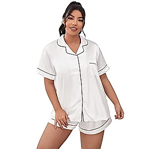 MakeMeChic Women's Plus Size Satin Button Down Pajama Set Silk Short Sleeve Sleepwear White 4XL