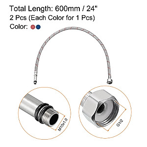 uxcell 24 Inch Long Faucet Supply Line Connector, 2pcs G1/2 Female Compression Thread x M10 Male Connector Braided 304 Stainless Steel Water Supply Hose