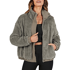ANRABESS Womens Fleece Jacket Casual Long Sleeve Cropped Sherpa Button Down Fuzzy Warm Coats Fall Outwear With Pockets Grey Medium