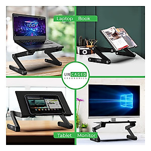 WorkEZ PROFESSIONAL Ergonomic Aluminum Laptop Cooling Stand Lap Desk Tray for Bed Couch. Foldable adjustable height angle tilt notebook computer riser folding desktop holder portable, Black