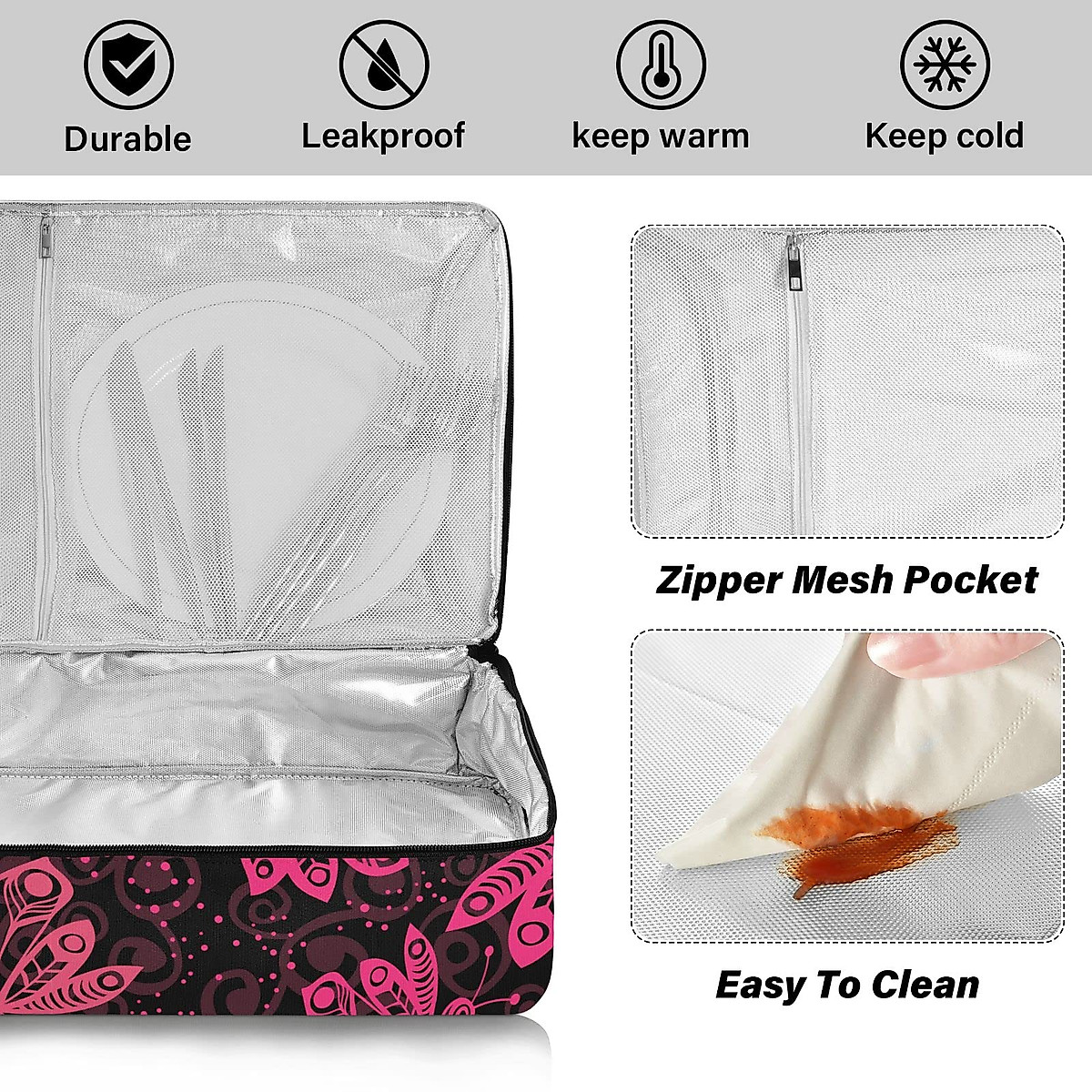 NFMILI Casserole Carrier for Hot and Cold Bright Pink Butterfly Print, Insulated Food Delivery Bag Reusable Warmer Carrier Bag with Inner Pocket Aesthetic Print 15.75×11.81×3.94 inch