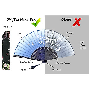OMyTea® "Grassflowers 8.27"(21cm) Hand Held Folding Fans - With a Fabric Sleeve for Protection for Gifts - Chinese/Japanese Vintage Retro Style (Blue)