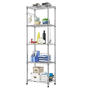 BATHWA 5-Tier Wire Shelving Unit on Wheels, Heavy Duty Rolling Shelving Rack, Chrome Shelves for Bathroom, Kitchen, Living Room