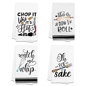KamaLove Funny Kitchen Towels, Dishcloths Sets of 4.Best Housewarming Gifts, Funny Dish Towels, Cute Kitchen Towels.New Home Housewarming Gifts, Funny Sayings Towels, Decorative Tea Towels (Color)