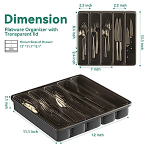 JUNLIN Silverware Organizer with Lid for Drawer Storage, Flatware Tray for Kitchen Countertop, Plastic Utensil Holder Cutlery Tray for Knives, Forks, Spoons (6 Slots)