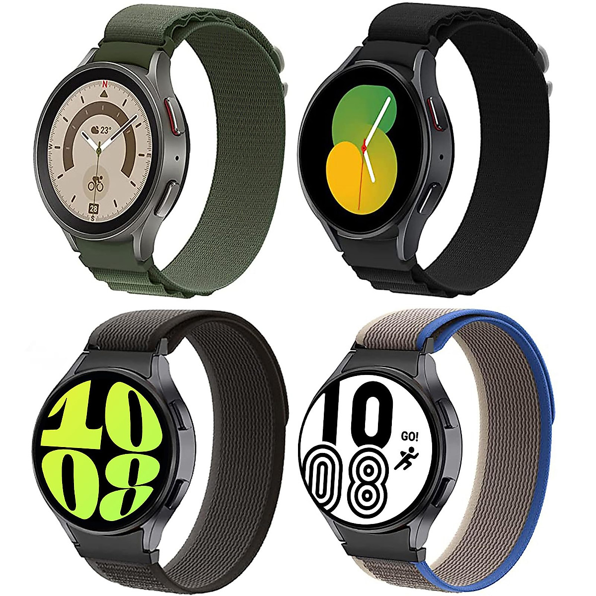 WINGLE 4 Pack Band for Samsung Galaxy Watch 7 6 5 4 FE Band Watch 6 Classic 5 Pro 4 Classic Band 44mm 40mm 47mm 43mm 45mm 46mm 42mm Men Women, No Gap Trail Alpine Loop Woven Nylon Sport Watch Strap