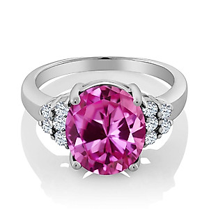 Gem Stone King 925 Sterling Silver Pink Created Sapphire Ring For Women (6.30 Cttw, Oval 12X10MM, Available 5,6,7,8,9) (Size 6)