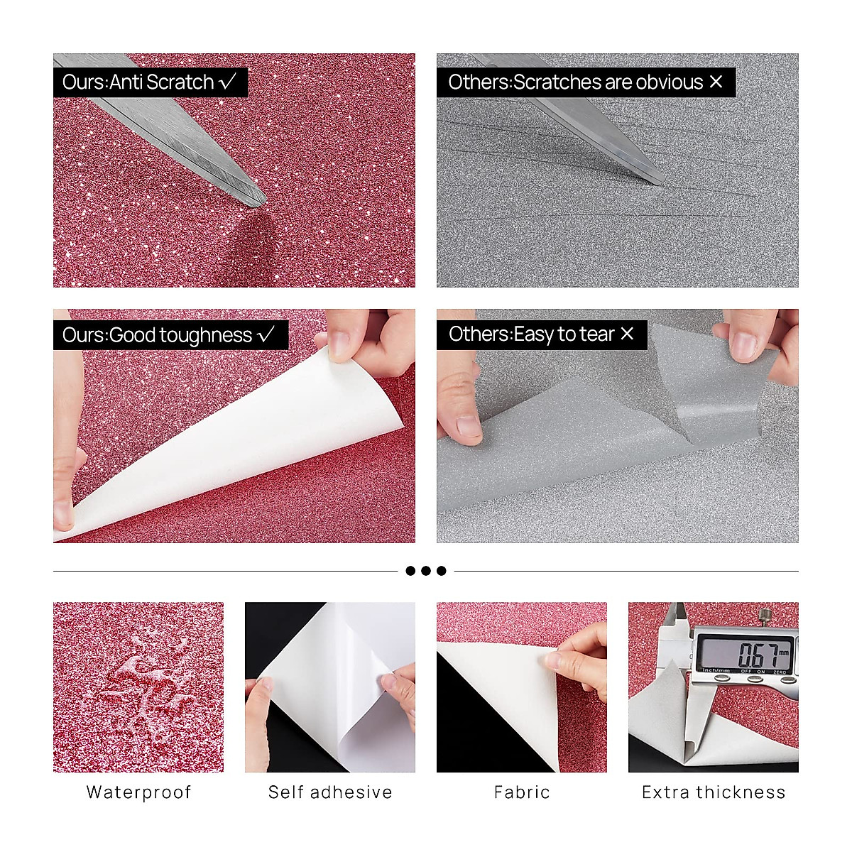 FunStick Glitter Pink Contact Paper 15.8"x240" Glitter Peel and Stick Wallpaper Pink Sparkly Self Adhesive Wall Paper Roll Fabric Pink Wallpaper for Girls Bedroom Wall Cabinets Drawers DIY Gift Decor