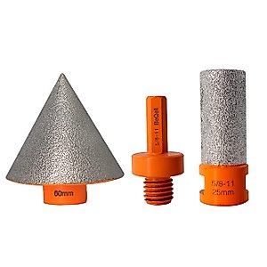 3Pcs 2" Diamond Beveling Chamfer Bits Tile Cone with 5/8-11 Thread Adapter 1" Diamond Finger Milling Bits for Existing Holes Enlarging Trimming in Tile Marble Porcelain Granite Ceramic