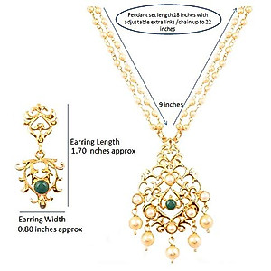 Touchstone NEW Contemporary Kundan Collection Indian Bollywood Sober and Classy Look Traditional Kundan Polki Faux Pearls Faux Emerald Long Designer Jewelry Pendant Set in Gold Tone for Women.