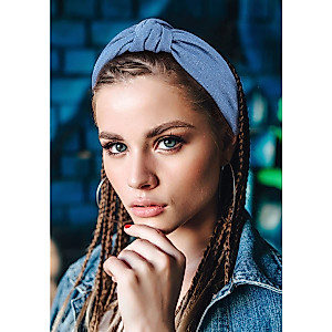 TOBATOBA Denim Wide No-Slip Fashion Boho Turban Elastic Headbands - Blue Jean Knotted Top Knot Headbands for Women and Girls