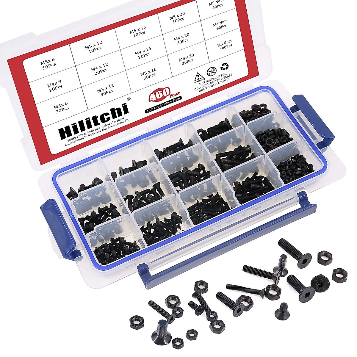 Hilitchi 460-Pcs M3 M4 M5 Hex Socket Flat Head Countersunk Bolts Screw Nut Assortment Kit - 10.9 Grade Alloy Steel