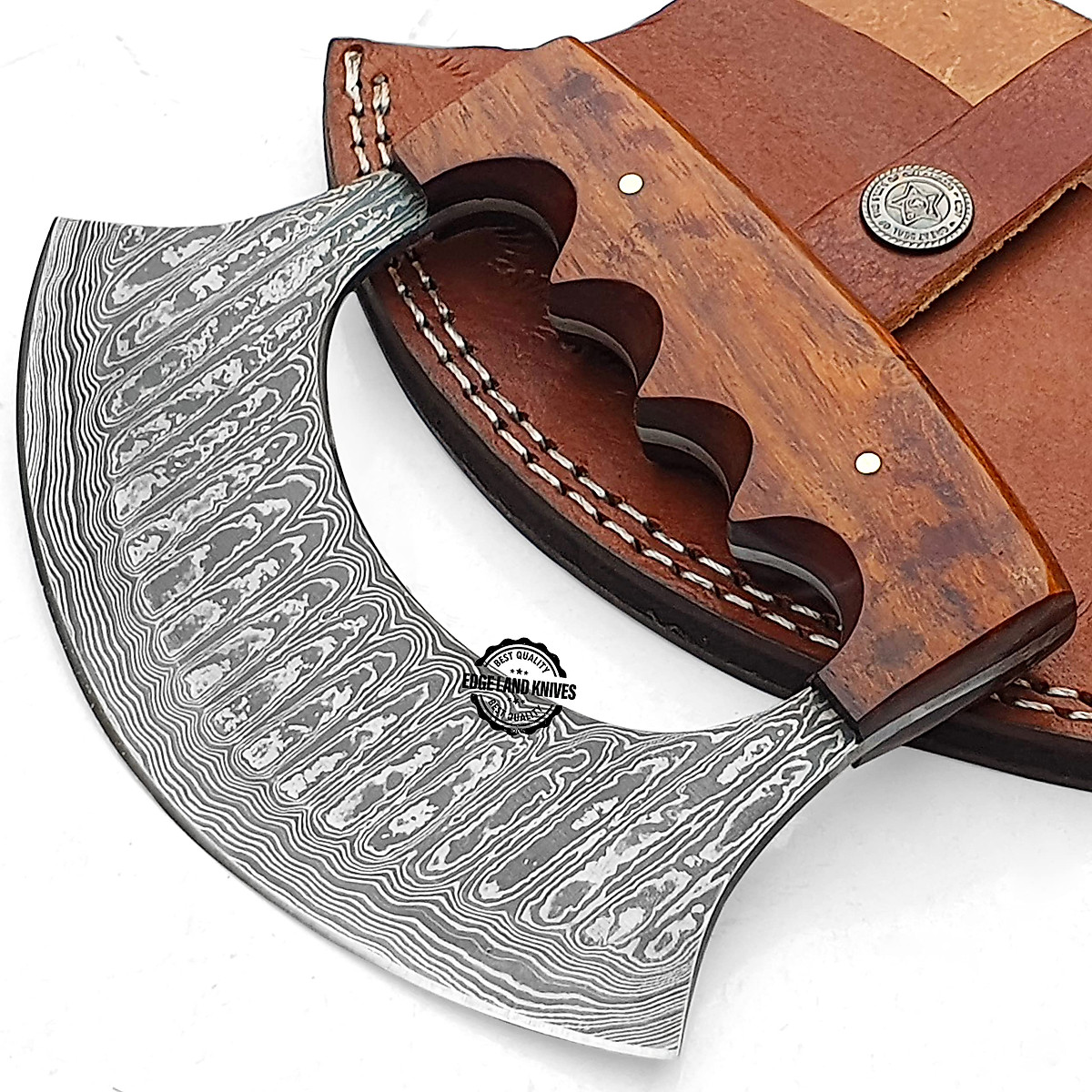 One Handed Rocker Damascus Ulu Knife With Sheath, Rocker Knife For One Handed Cutting, 5.5 Inches Rocker Damascus Ulu Knife, Heavy Duty Rocker Knife / Ulu Knife / Mezzaluna Knife (Rose Wood)