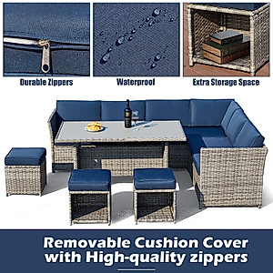 AVAWING 7 Pieces Patio Furniture Sets, Outdoor Dining Sectional Rattan Couch Sofa w/Ottoman Chairs, All-Weather Wicker Conversation Set for Lawn, Backyard, Garden, Poolside, Balcony, Blue