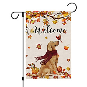 Welcome Fall Garden Flag 12 x 18 Inch Double Sided Burlap, Golden Retriever Dog Cardinal Yard Flags for Seasonal Thanksgiving Farmhouse Decoration(ONLY FLAG)