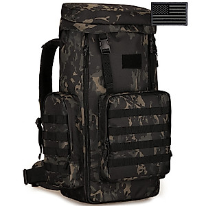 Protector Plus Tactical Hiking Daypack 70-85L Military MOLLE Assault Backpack Army Traveling Camping Pack Bug Out Bag Outdoor Rucksack (Rain Cover & Patch Included), Black Camo