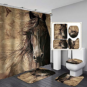4PCS Animal 3D Printing Theme Shower Curtain and Bath Mat Set,Black Horse Decor Waterproof Non-Slip Bathroom Curtain and Rug Set with Hooks