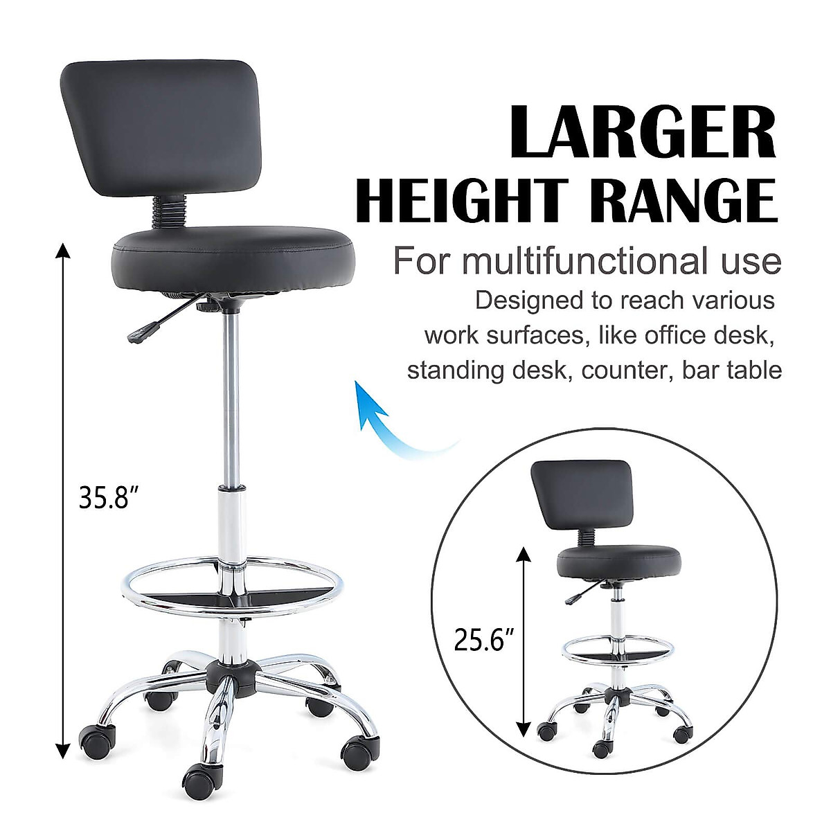 Sophia & William Office Chair Drafting Chair Swivel Round Rolling Stool Adjustable Desk Chair Mid Back Ergonomic Computer Chair with Wheels for Standing Desk, Salon, Medical, Office, Black