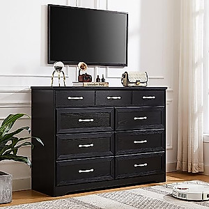 MengK Bedroom Dresser, 9 Drawer Long Dresser with Antique Handles, Wood Chest of Drawers for Kids Room, Living Room, Entry and Hallway, Black, 47.2'' W x 15.8'' D x 34.6'' H.