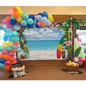 Summer Hawaiian Beach Backdrop Tropical Flowers Luau Photography Background Surfboard Blue Sky Ocean Palm Leaves Aloha Party Decorations Large Tiki Birthday Photo Booth Props