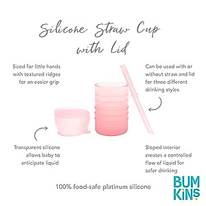 Bumkins Baby and Toddler Cups, Sippy Cup with Straw, Spill Proof, Transition Cup for Babies Ages 1 Year, Safely Sip from Lid, Straw or Cup, First Year Supplies, Platinum Silicone, Holds 7oz, Pink