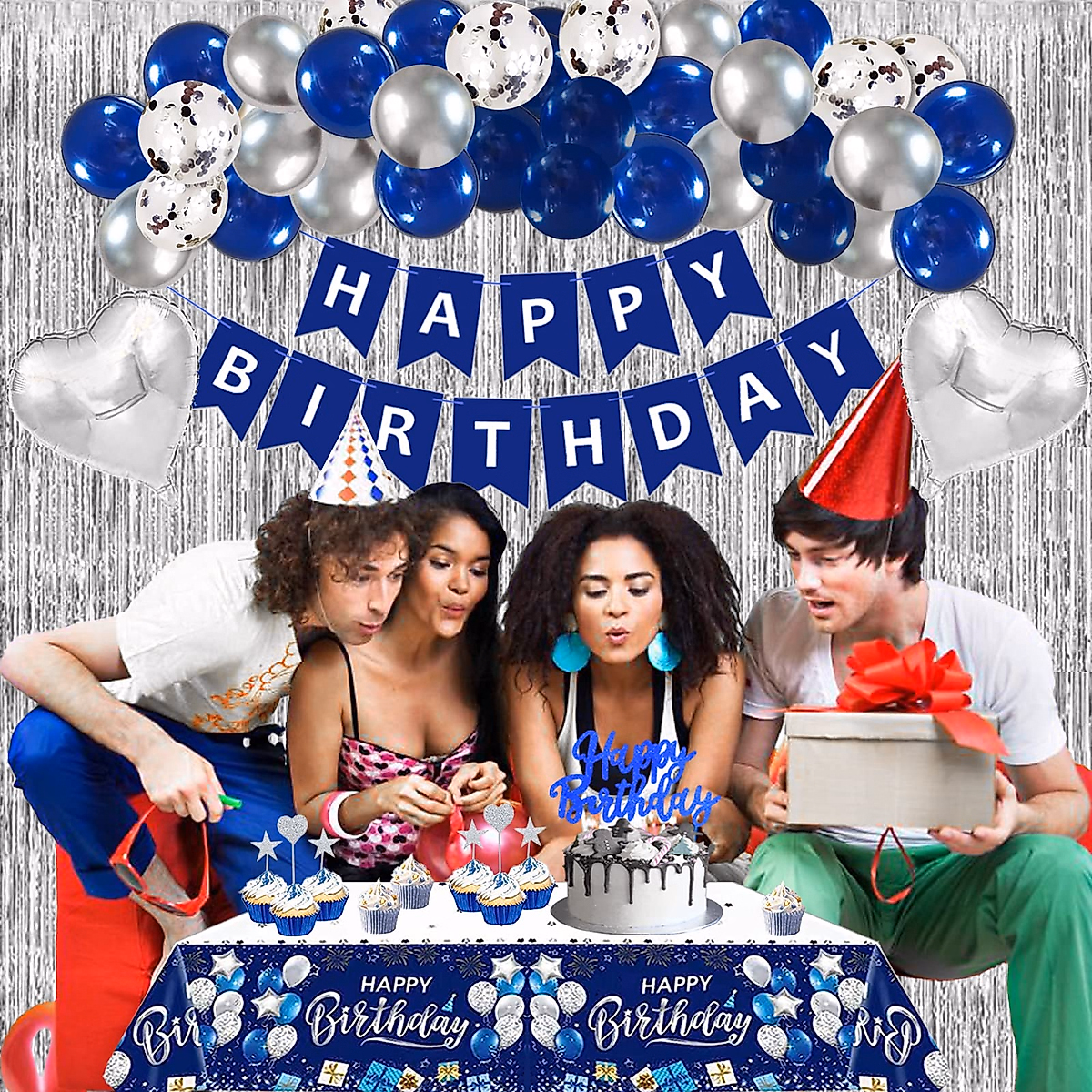 Navy Blue and Silver Birthday Decorations for Men Women, Blue Birthday Decorations for Men with Happy Birthday Banner Tablecloth Balloons Fringe Curtains Hanging Swirls Cake Toppers