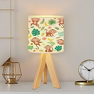 OEPWQIWEPZ Tripod Bedside Desk Table Lamp Seamless Baby Monkey Banana Tropical Leaves Cartoon Childish Jungle Wood Nightstand Lamp with Linen Fabric Shade for Nursery Bedroom Living Room Kids Room