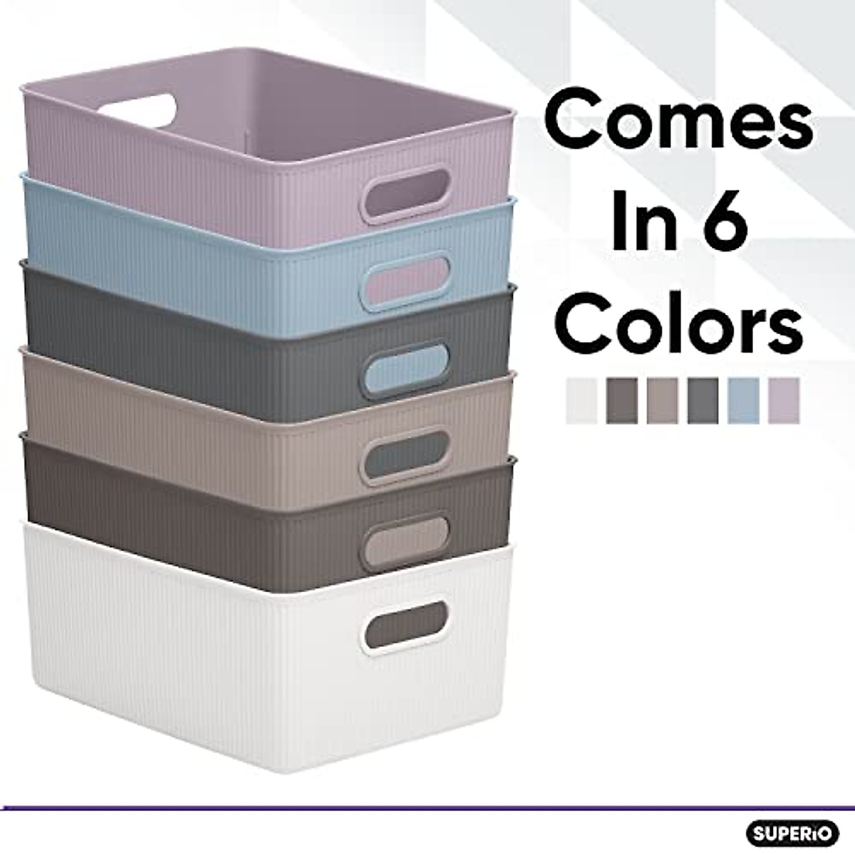 Superio Decorative Plastic Open Home Storage Bins Organizer Baskets, Large Grey (4 Pack) Container Boxes for Organizing Closet Shelves Drawer Shelf - Ribbed Collection 15 Liter/16 Quart