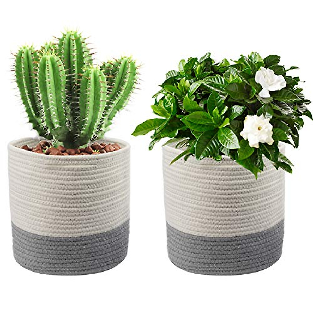Finderomend 2-Pack Cotton Rope Plant Baskets Cotton Rope Woven Plant Basket for Indoor Plants | Neutral Round Cube Organizer Baskets Bin for Crafts, Toys, Towels and More (12"x12" and 10"x10")