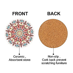 Coasters for Drinks with Holder Beautiful Flower Ceramic Coasters 4 Inch Round Absorbent Drink Coasters with Cork Base Set of 6 for Kinds of Cups, Wooden Table, Table Protection, Housewarming Gifts