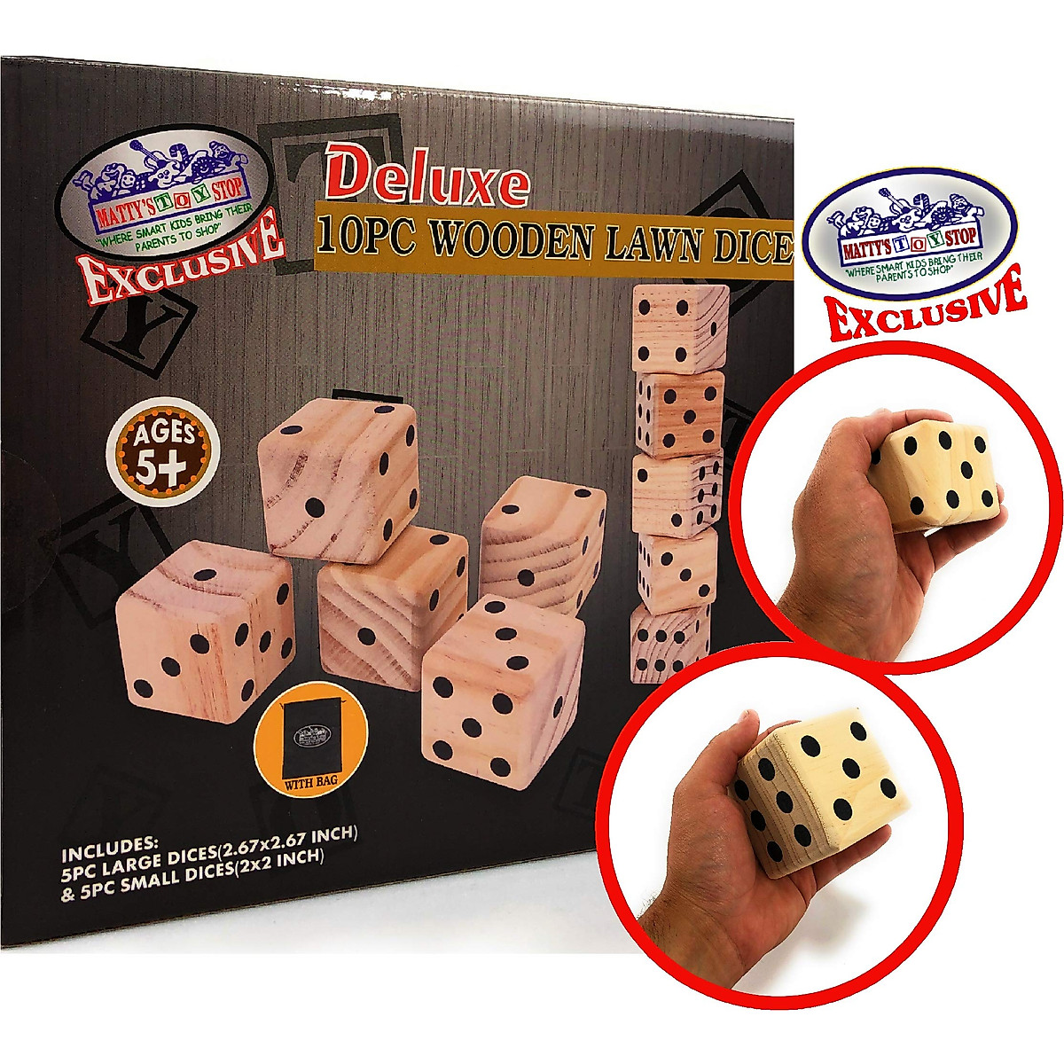 Matty's Toy Stop Deluxe 10pcs Wooden Lawn Dice Set - Features 5 (2.75") and 5 (2") Large Wooden Dice with Storage Bag