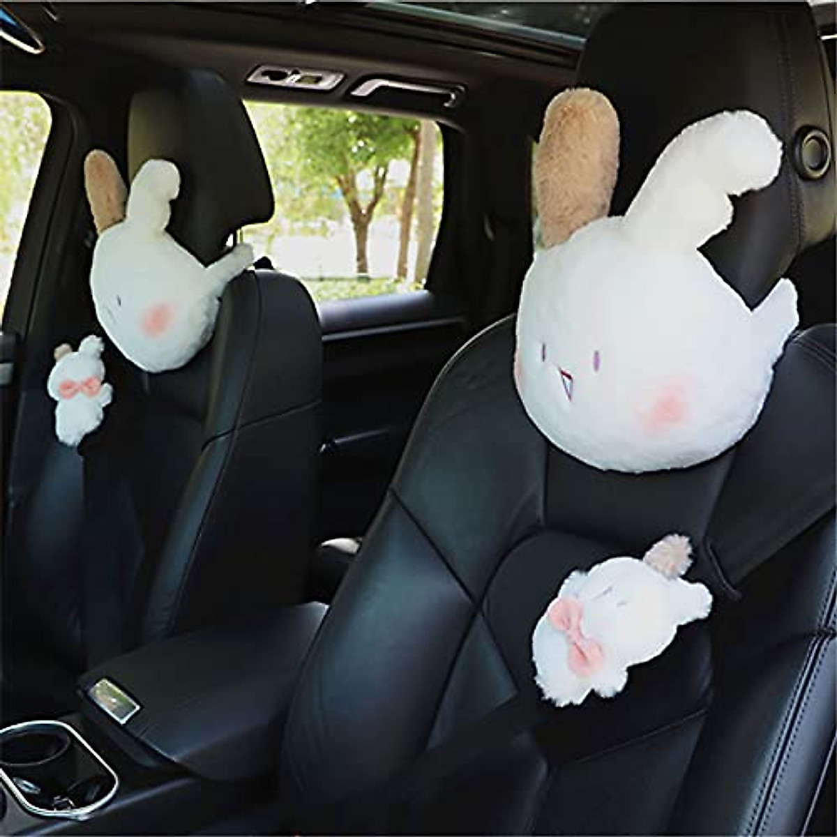 seemehappy Fuzzy Naughty Bunny Car Pillow Headrest Pillow, Fluffy Bunny Seat Belt Should Pad Cover, Cute Auto Accessories for Girls