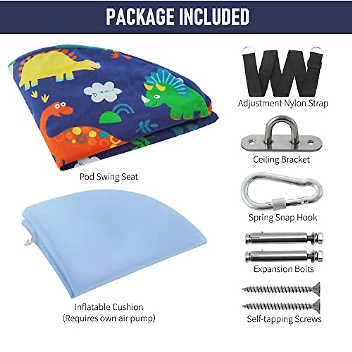 GARIG Pod Swing for Kids, Hanging Pod Swing Seat with Inflatable Pillow, Cartoon Pattern Kids Swing Chair for Indoor and Outdoor, Max Weight 170lbs (Dinosaur)