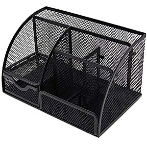 MONBLA Mesh Multi-Functional Stationery Storage Organizer Office Stationery Case Stationary Caddy Metal Desk Organizer Pencil Pen Holder 5 Compartments Black