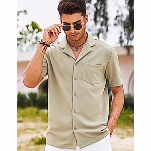 COOFANDY Men's Short Sleeve Button Down Shirt Wrinkle Free Untucked Dress Shirts Summer Beach Fitted Cuban Shirt Green