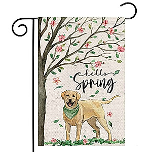 Hello Spring Dog Garden Flag 12x18 Inch Double Sided,Golden Retriever Under The Tree Small Yard Flag for Outdoor,Summer Seasonal Decors for Farmhouse Holiday Outside