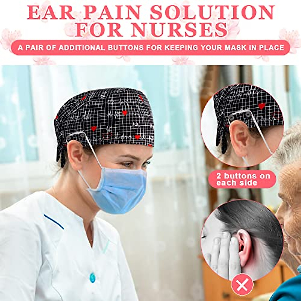 4 Pieces Working Caps with Button and Sweatband Adjustable Working Hats Elastic Scrub Hats Nurse Scrub Cap Nurse Hats for Women