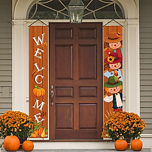 AnyDesign Scarecrow Welcome Hanging Banner Fall Thanksgiving Autumn Harvest Porch Sign Cute Cartoon Scarecrow Front Door Sign for Indoor Outdoor Home Wall Decoration, 12 x 72 Inch