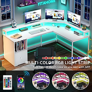 DWVO L Shaped Desk with Drawer & 3 Cubbies Storage Shelves, 67" Corner Computer Desk with Power Outlets & LED Lights, L-Shaped Office Desk with Monitor Stand, White