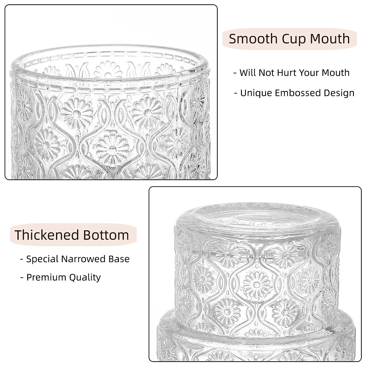 AVLA 8 Pack Vintage Drinking Glassware, 7 oz Romantic Water Juice Glass Tumbler Cup, Clear Stackable Coffee Cocktail Bar Drinkware for Beverages, Tea, Milk, Yogurt, Whiskey, Embossed Floral Pattern