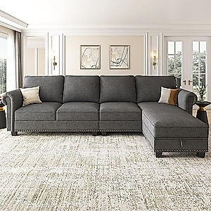 Nolany Convertible Sectional Sofa L-Shape Sectional Couch with Reversible Chaise 4 Seat Sectional Sofa Couch for Small Space Dark Grey