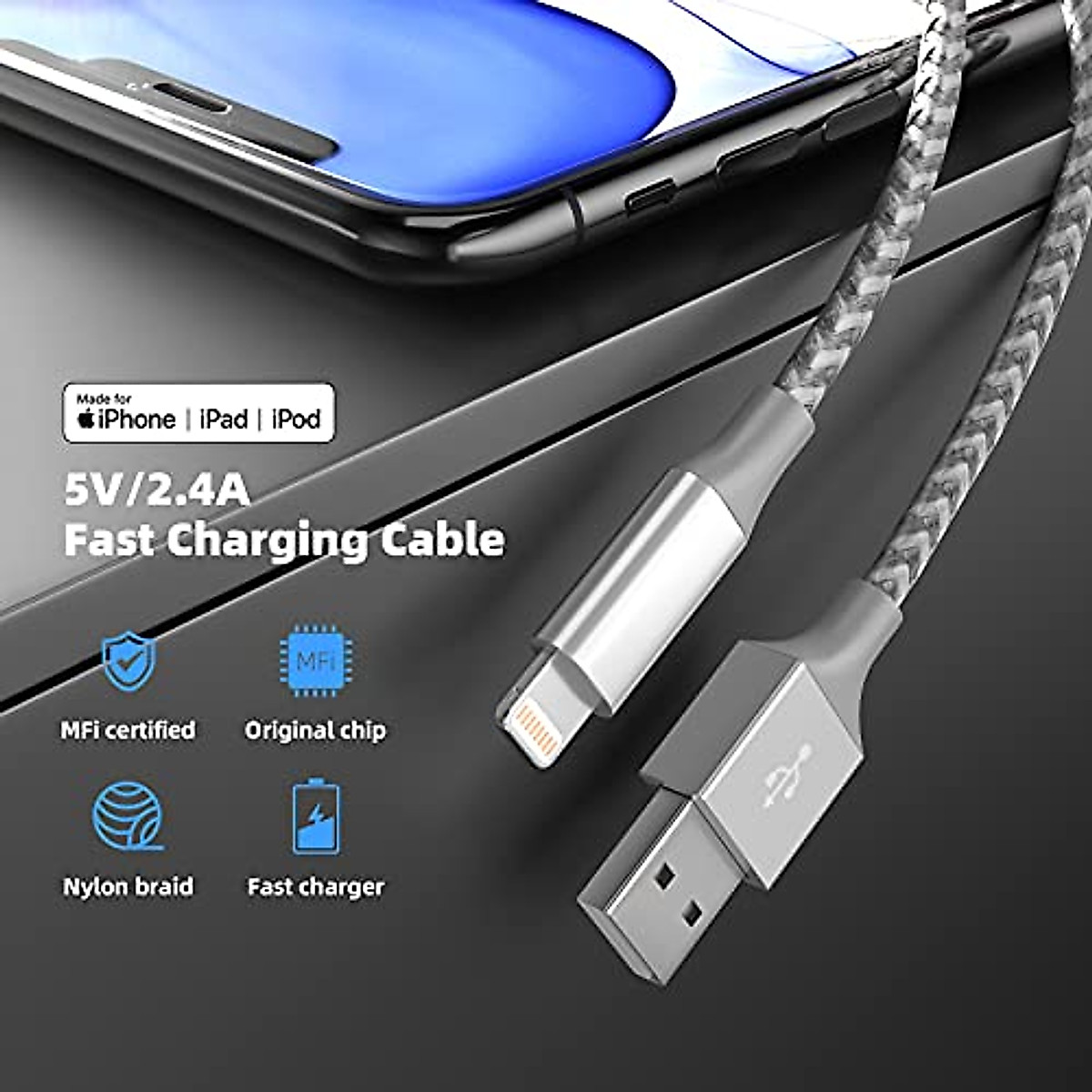 Apple MFi Certified iPhone Charger Fast Charging 3 Pack 10 FT Lightning Cable Nylon Braided Long iPhone Charger Cord Compatible with iPhone 13/12/11 Pro/MAX/XR/XS/X/8/7/Plus/6S/6/SE/5S/iPad and More