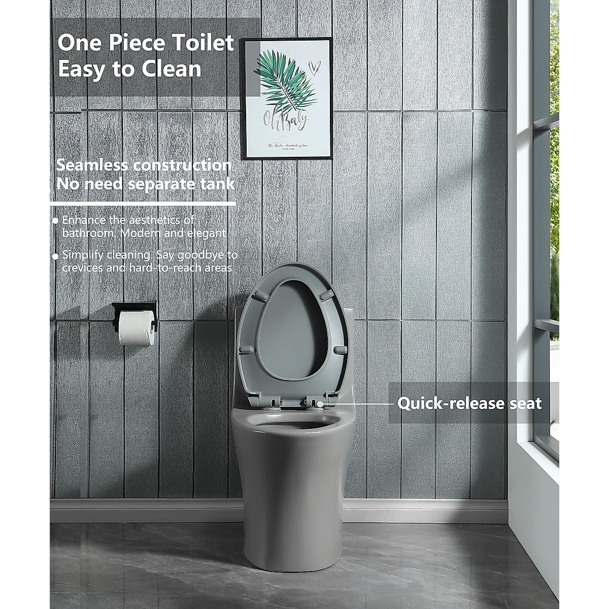 One Piece Toilet Dual Flush Elongated Standard Modern Toilet 1.1/1.6 GPF Soft Close Seat Save Water Powerful & Quiet - Gray, 27.5"D x 14"W x 28.6"H