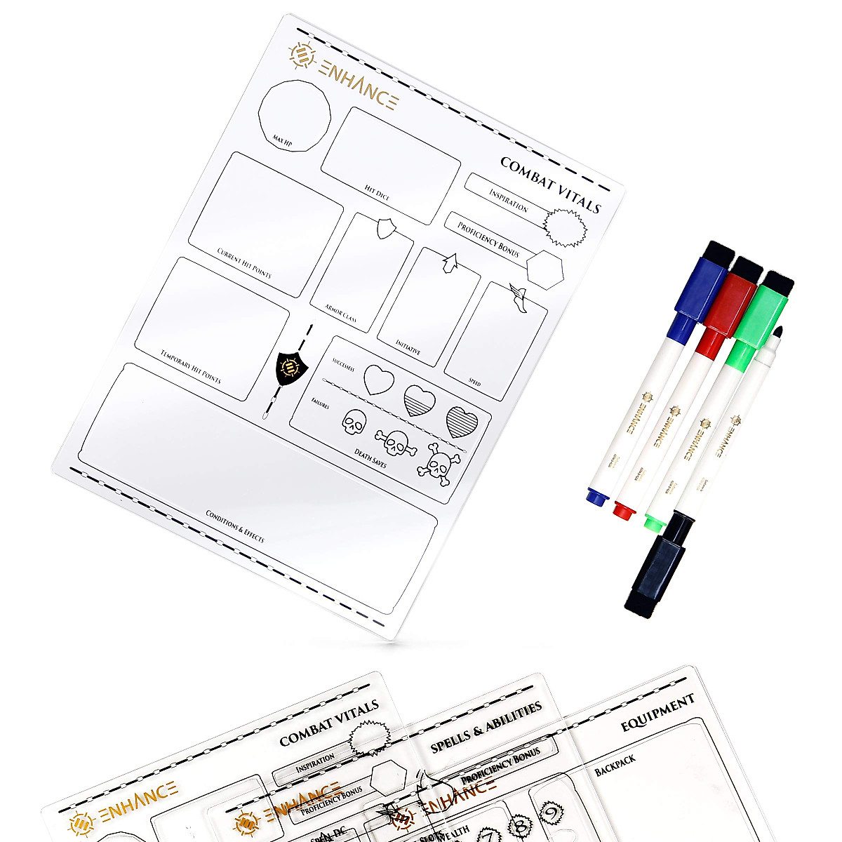 ENHANCE Tabletop Acrylic Character Sheet Set - Reusable 5e Dungeons and Dragons Character Sheets (Combat, Spell, Equipment) for All DND 5e Classes - Includes 3 Pages, Dry Erase Markers, Travel Pouch